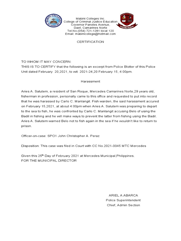 Police Blotter Excerpt Certification | PDF