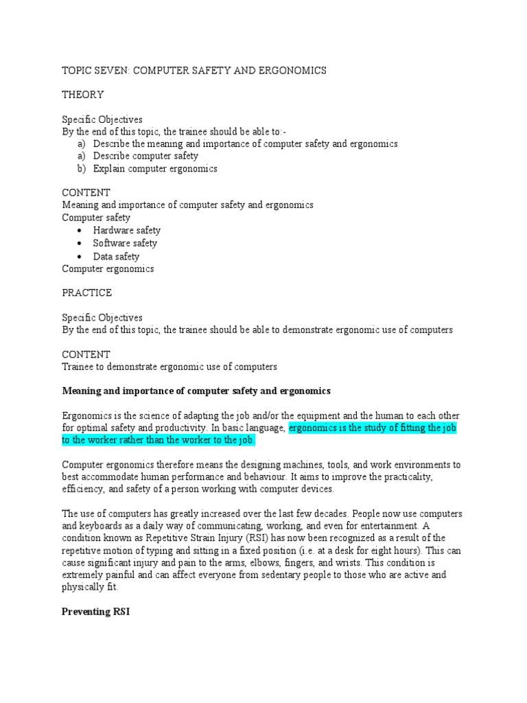 Meaning And Importance Of Computer Safety And Ergonomics Pdf Human