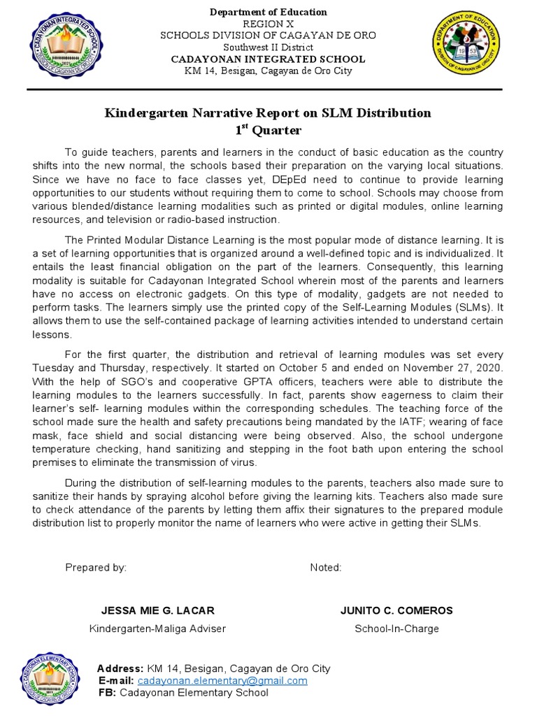 Kindergarten SLM Distribution Report | PDF | Distance Education | Learning