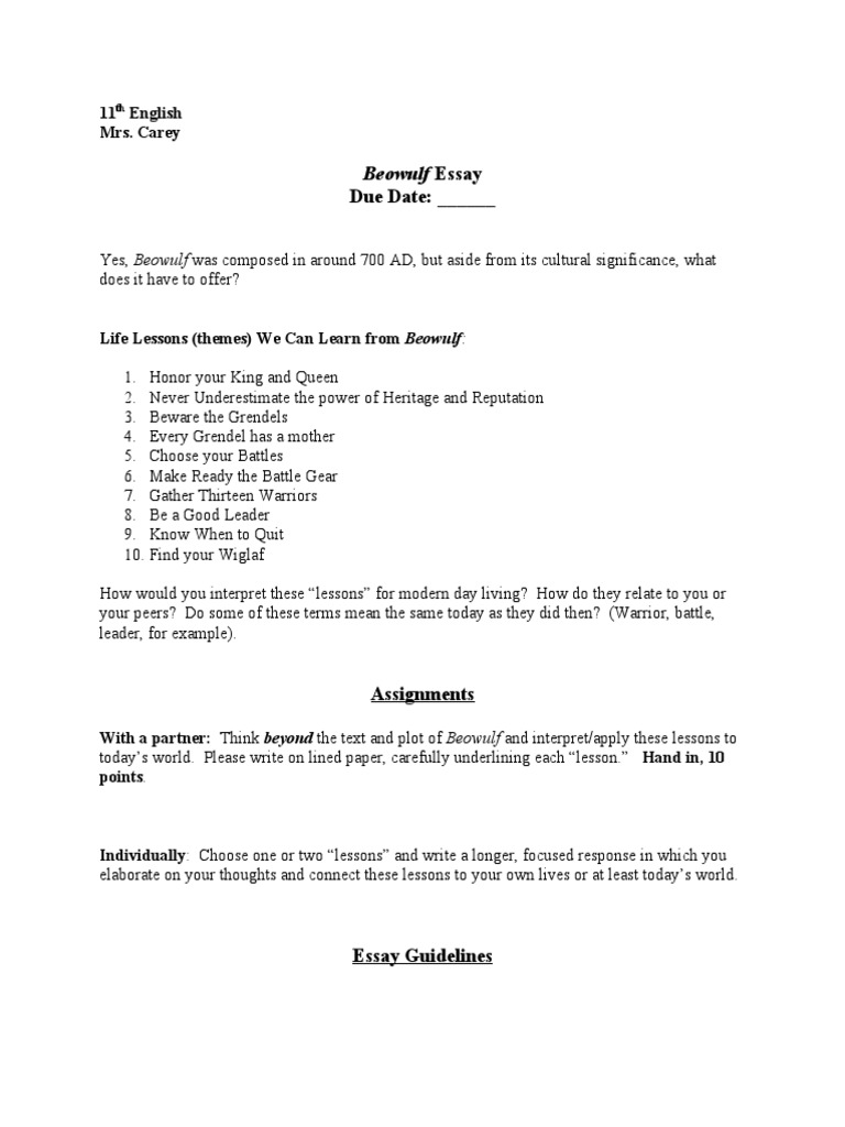 Due Date: - : Beowulf Essay | PDF | Beowulf | Essays