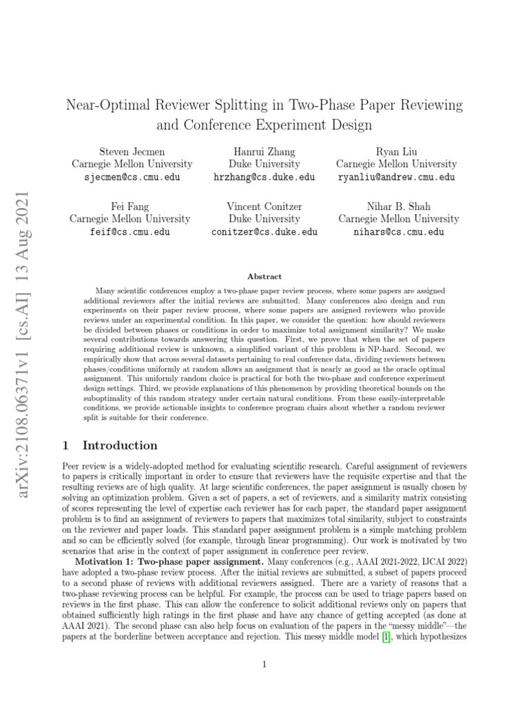 Near-Optimal Reviewer Splitting in Two-Phase Paper Reviewing and ...