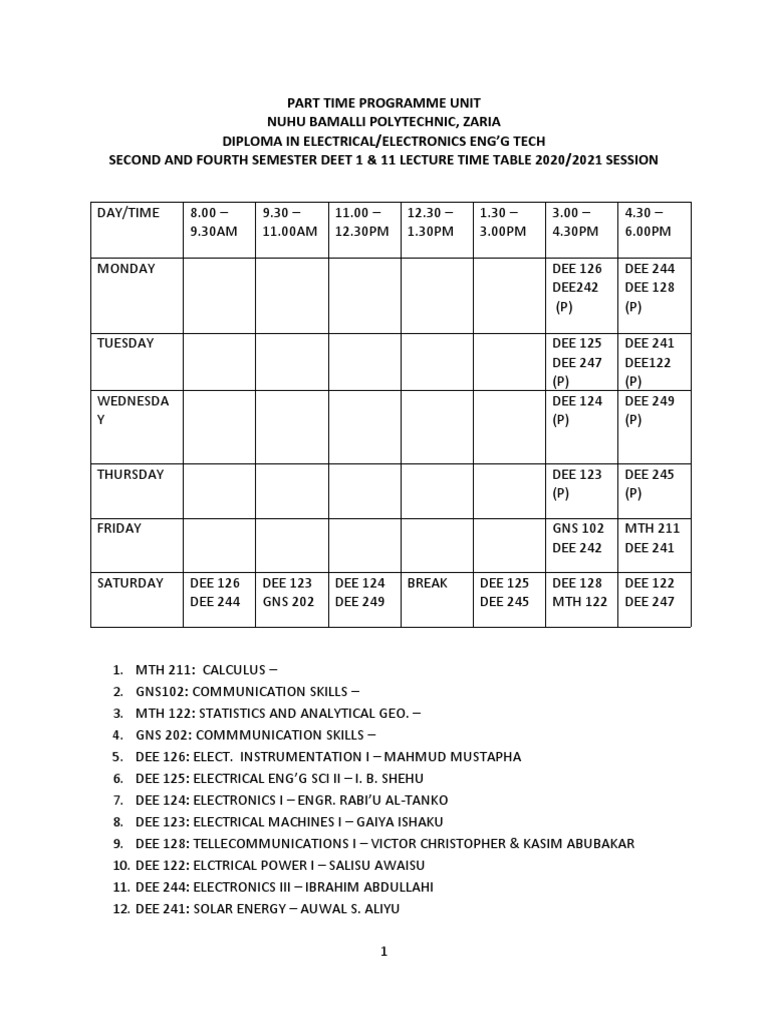 Nuhu Bamalli Polytechnic EEET Timetable 2020/2021 | PDF | Electrical ...