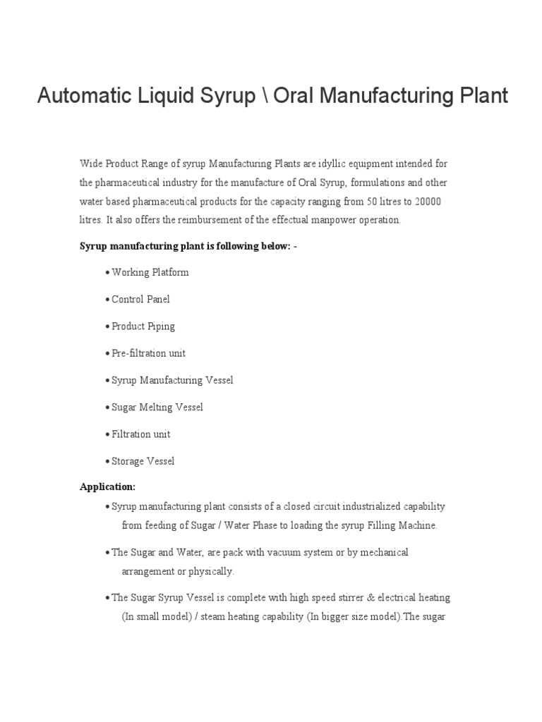 Automatic Oral Syrup Manufacturing Plant | PDF | Pump | Stainless Steel