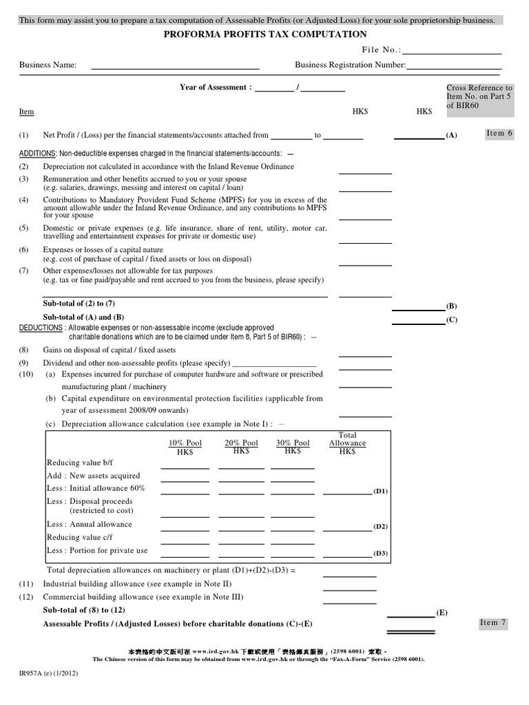 Proforma Profits Tax Computation | PDF | Expense | Depreciation
