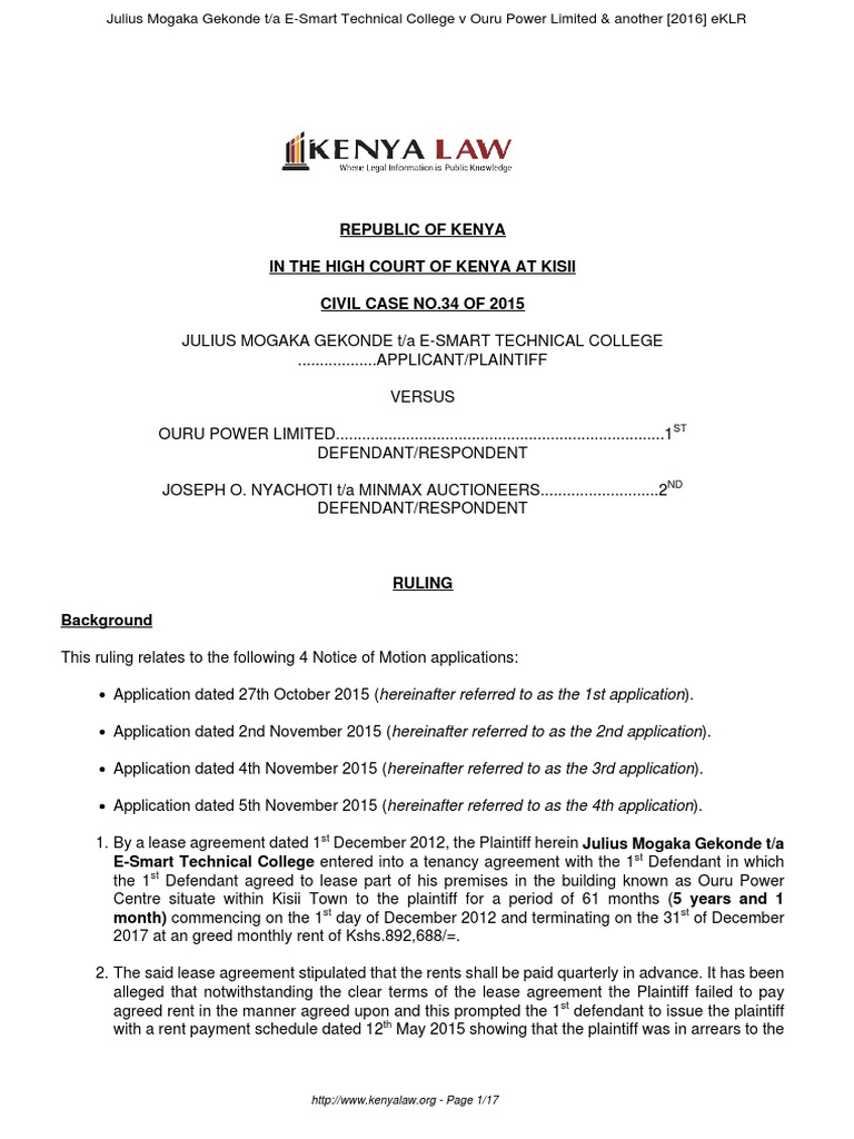 Republic of Kenya in The High Court of Kenya at Kisii Civil Case No.34 ...