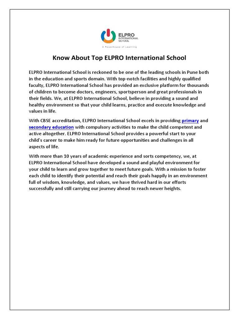 Know About Top Elpro International Schoo | PDF | Wellness