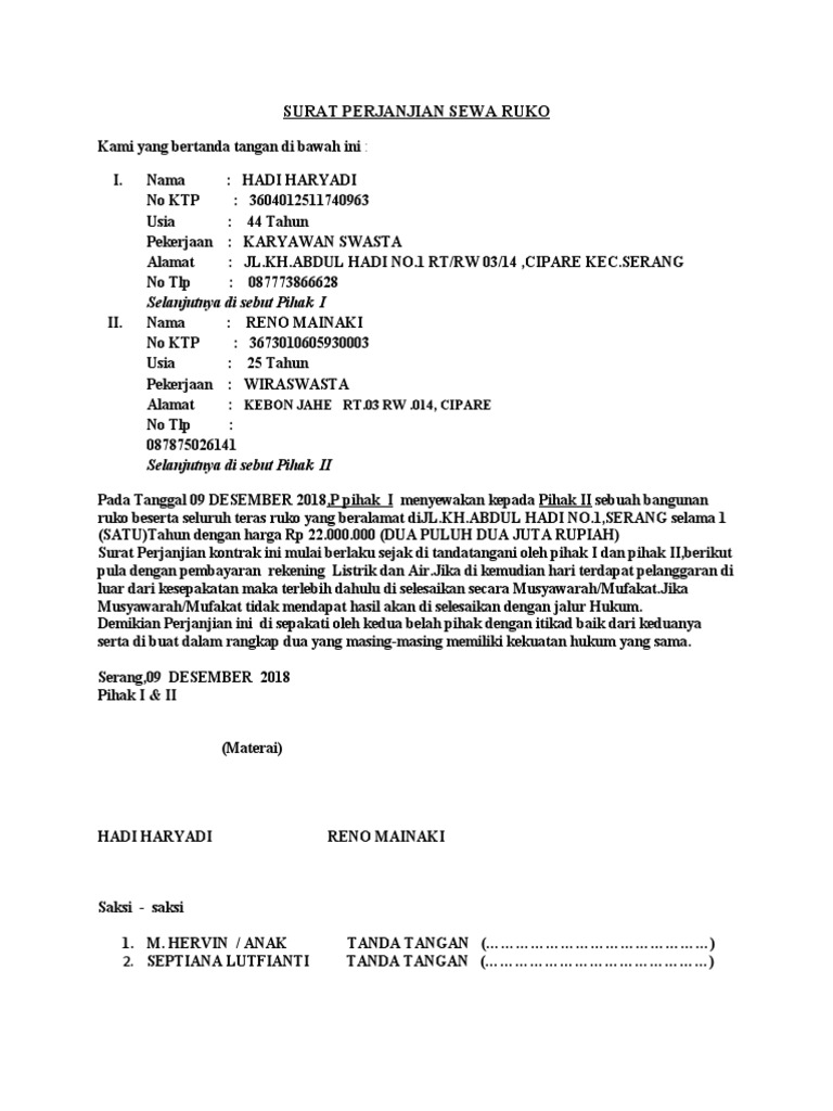 Surat Perjanjian Sewa Ruko C | PDF