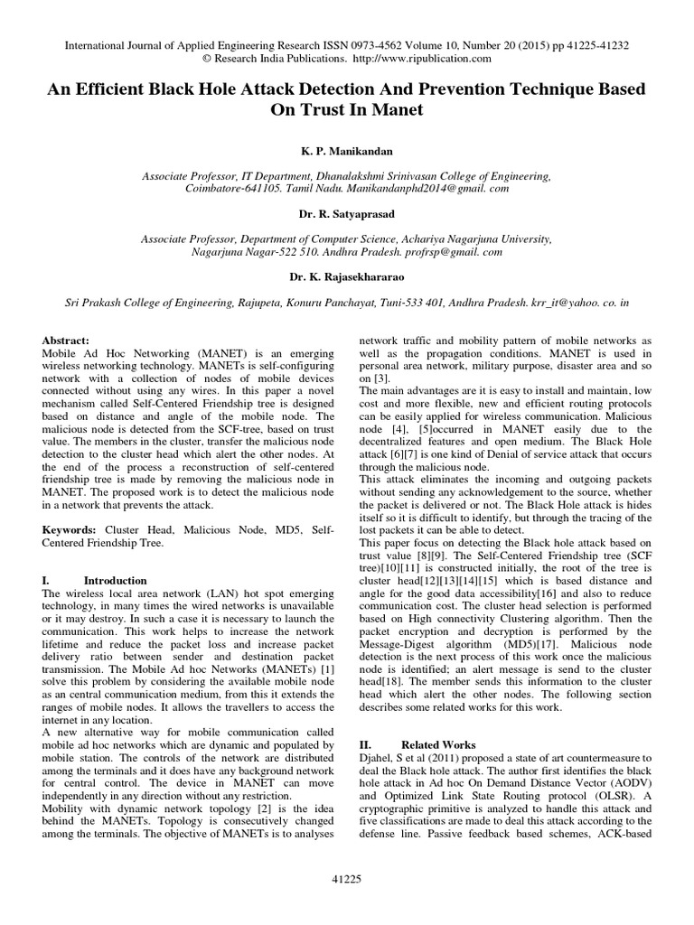 An Efficient Black Hole Attack Detection and Prevention Technique Based On Trust in Manet | PDF ...