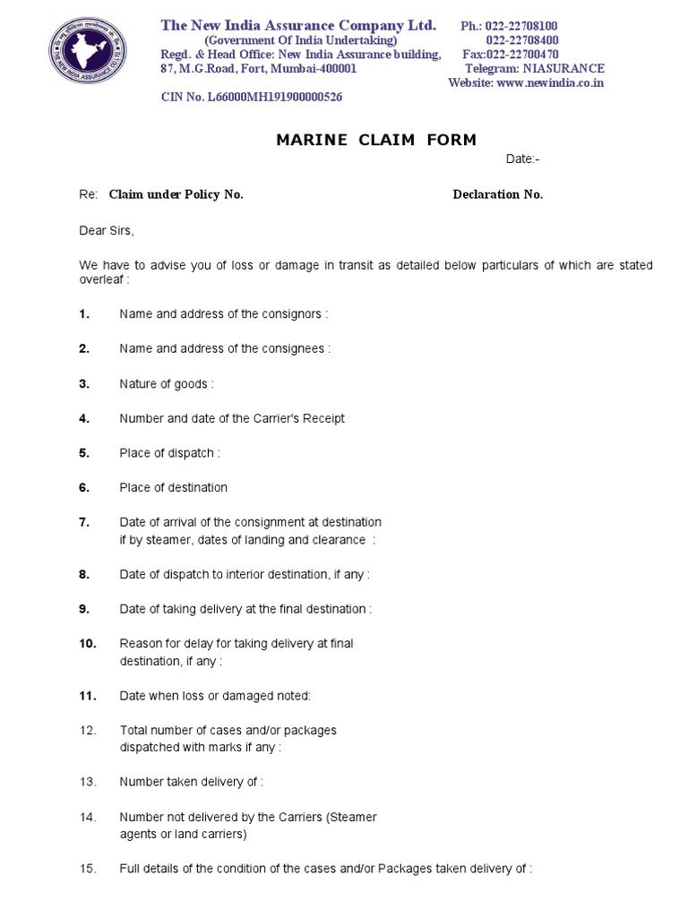 Marine Cargo Claim Form | PDF | Bill Of Lading | Service Industries
