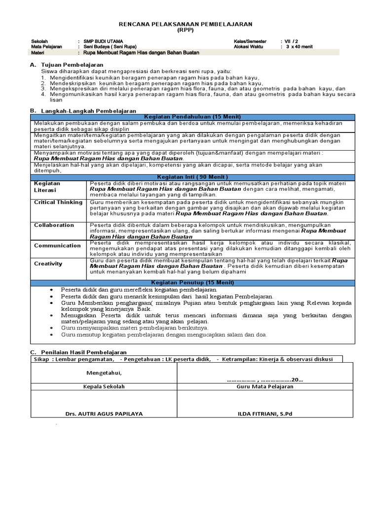 Per 2 RPP Seni Rupa Seni Budaya Kelas 7 | PDF | Karier & Perkembangan