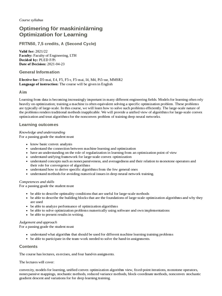 Course Syllabus 2021 - 22 FRTN50 | PDF | Mathematical Optimization | Algorithms