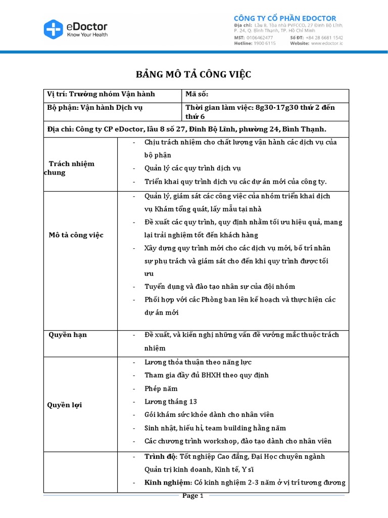 EDoctor - JD Trưởng Nhóm Vận Hành-đã Chuyển Đổi | PDF