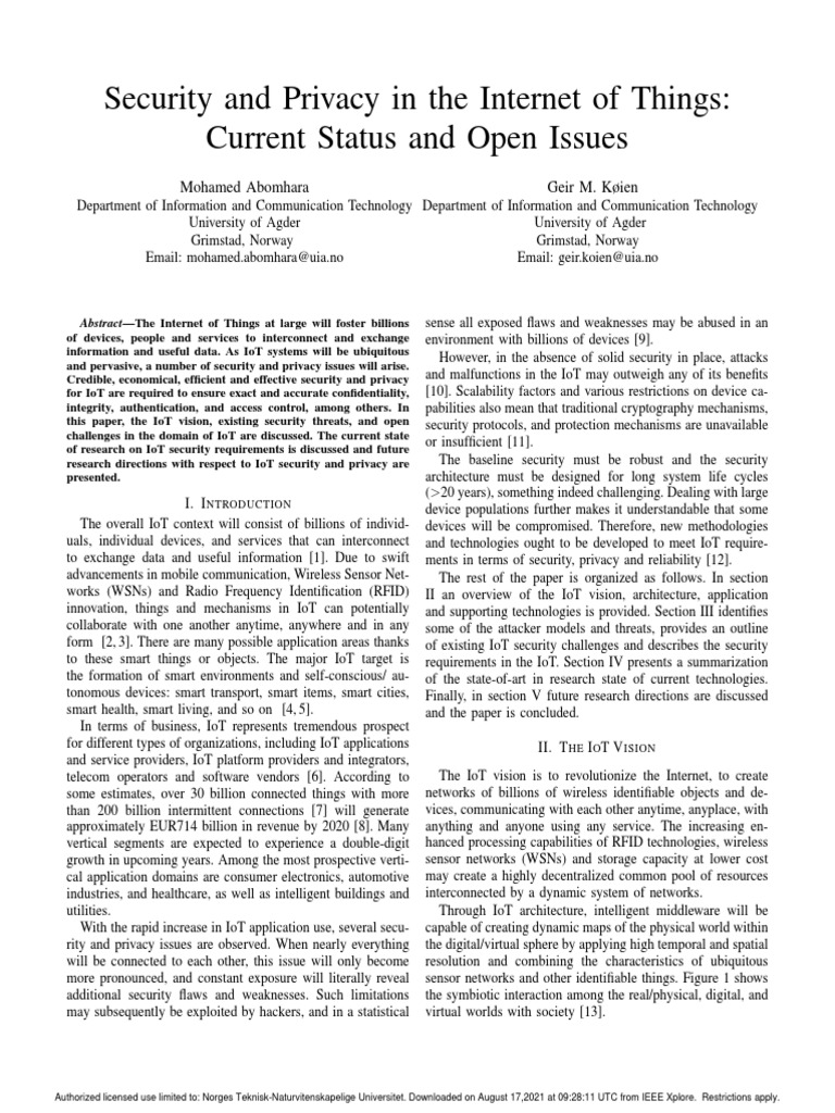 Security and Privacy in The Internet of Things Current Status and Open ...