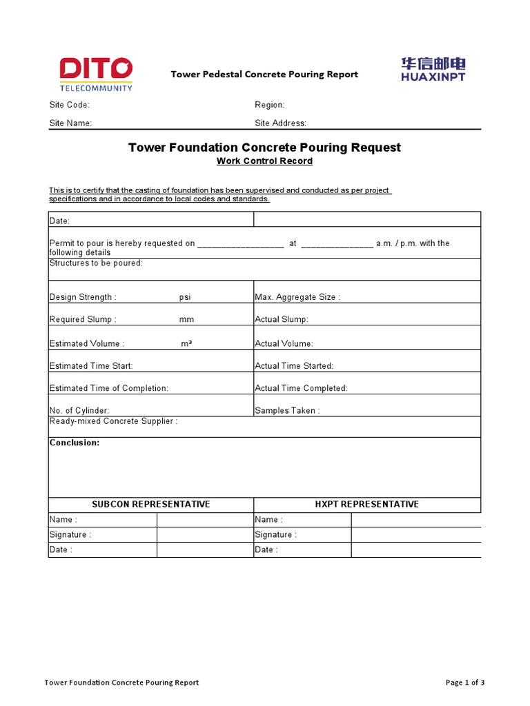 09 DITO Pedestal Concrete Pouring Report Template v2 | PDF | Concrete ...