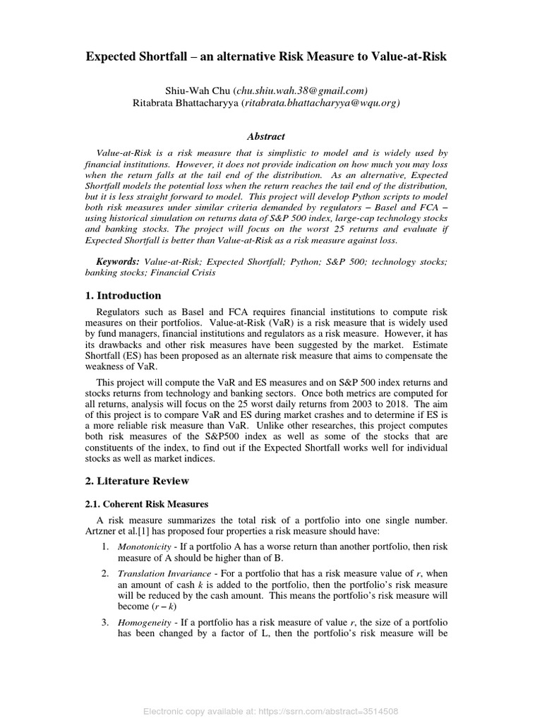 Expected Shortfall - An Alternative Risk Measure To Value-At-Risk | PDF | Value At Risk ...