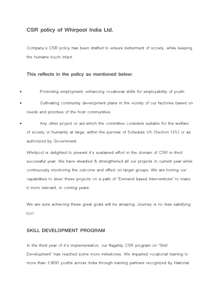 CSR Policy of Whirpool India LTD.: This Reflects in The Policy As ...