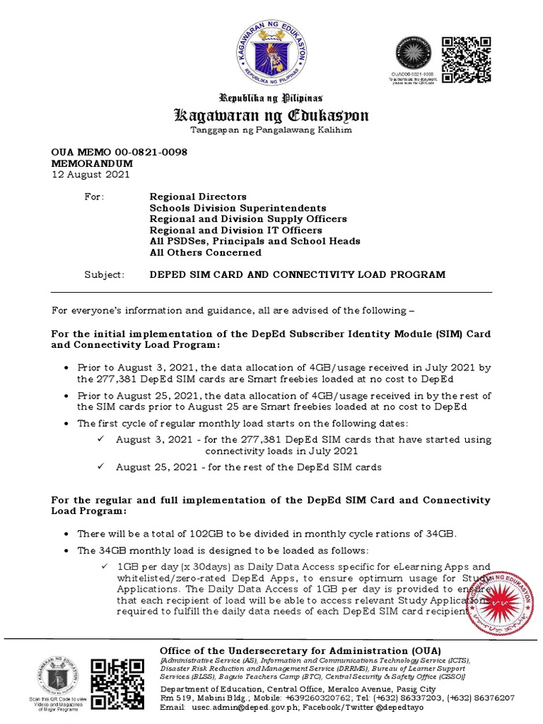 OUA Memo - 0821098 - DepEd Sim Card and Connectivity Load Program ...