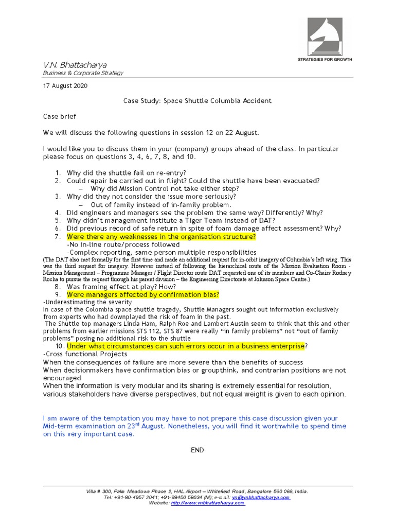 Columbia Space Shuttle Accident - Case Brief | PDF | Space Shuttle | Risk