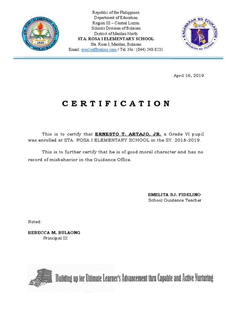 Certification: Sta. Rosa I Elementary School | Descargar gratis PDF | Primary Education ...