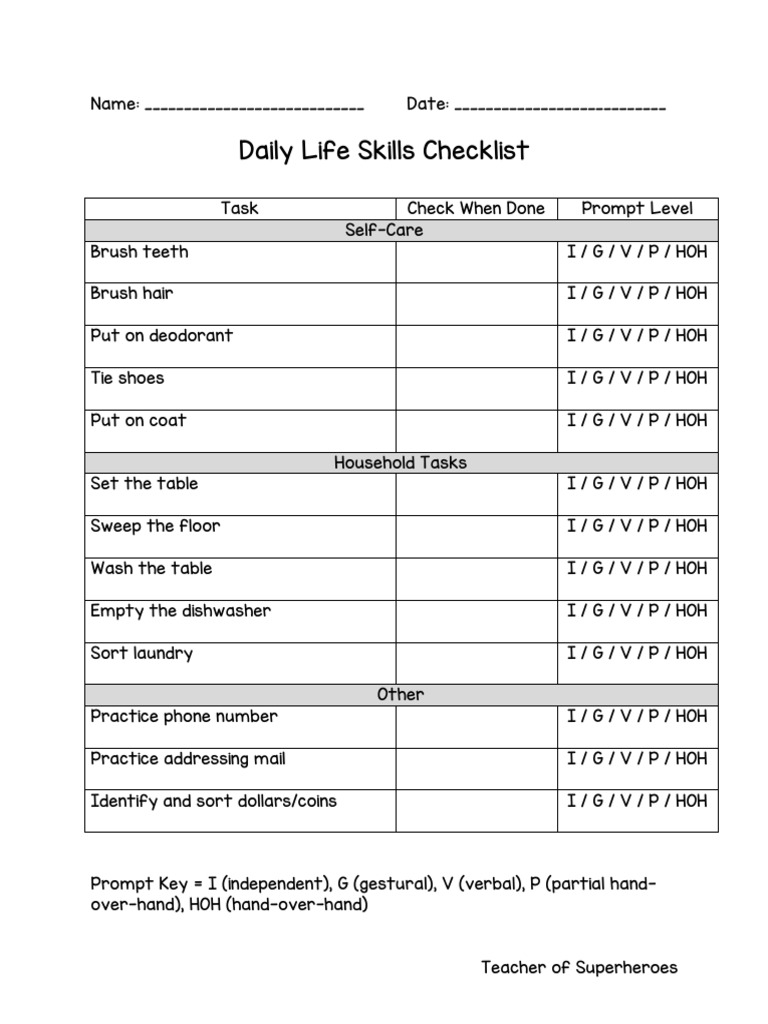 Daily Life Skills Checklist | PDF