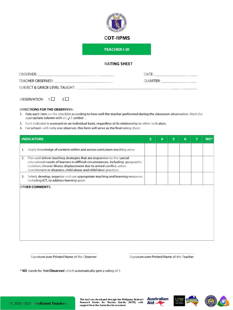 COT-RPMS Rating Sheet For T I-III For SY 2020-2021 in The Time of COVID ...