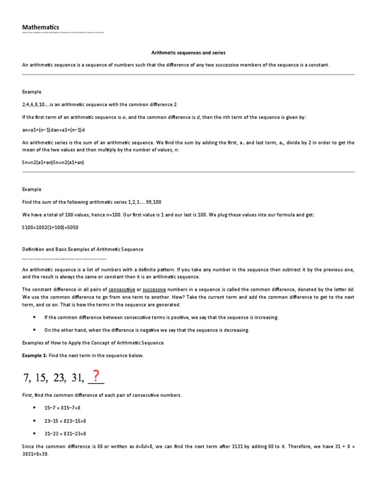 Notes Mathematics 10 | PDF | Summation | Arithmetic