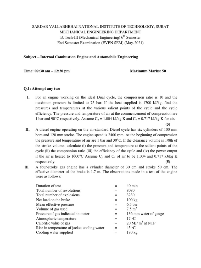 End Sem Question Paper | PDF | Engines | Diesel Engine