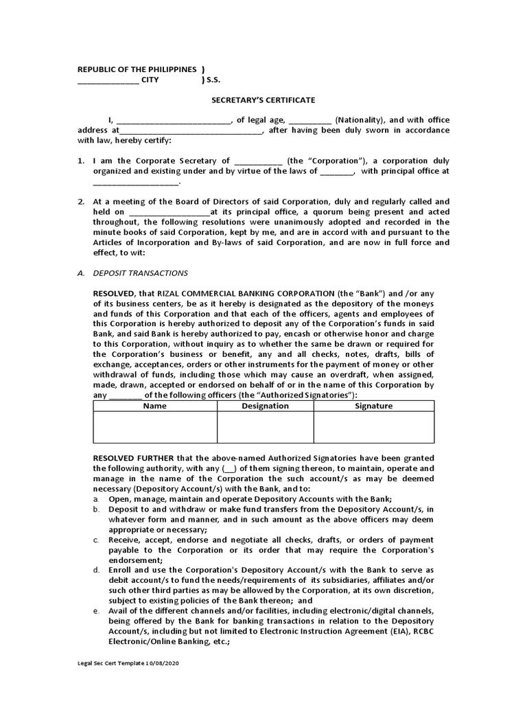 RCBC Secretary's Certificate For ALL Units | PDF | Banks | Financial ...