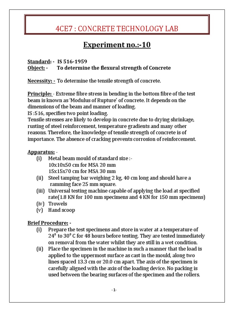 4ce7: Concrete Technology Lab: Experiment No.:-10 | PDF | Fracture ...
