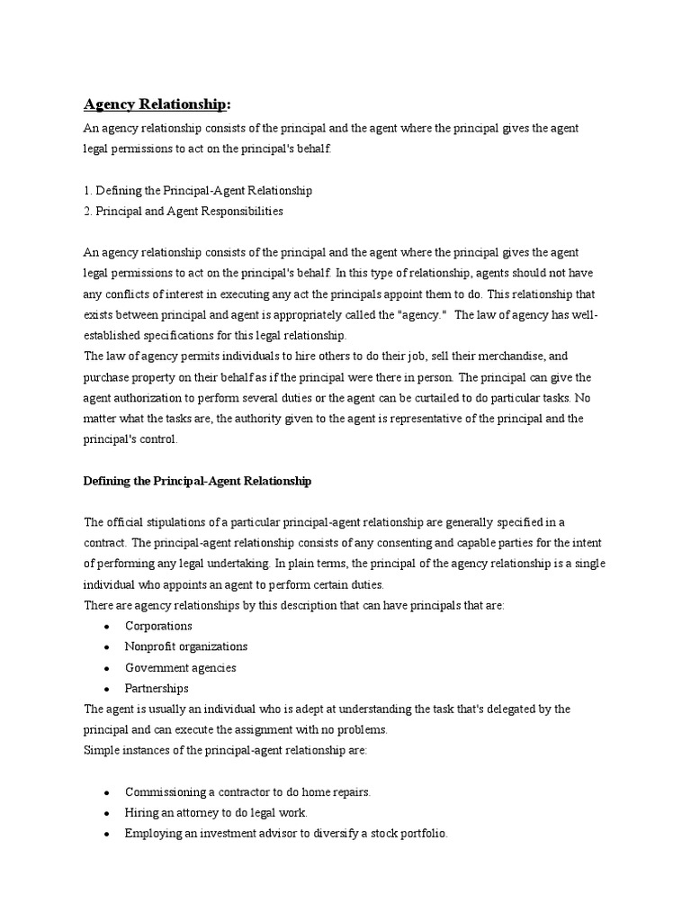 Agency Relationship:: Defining The Principal-Agent Relationship | PDF ...