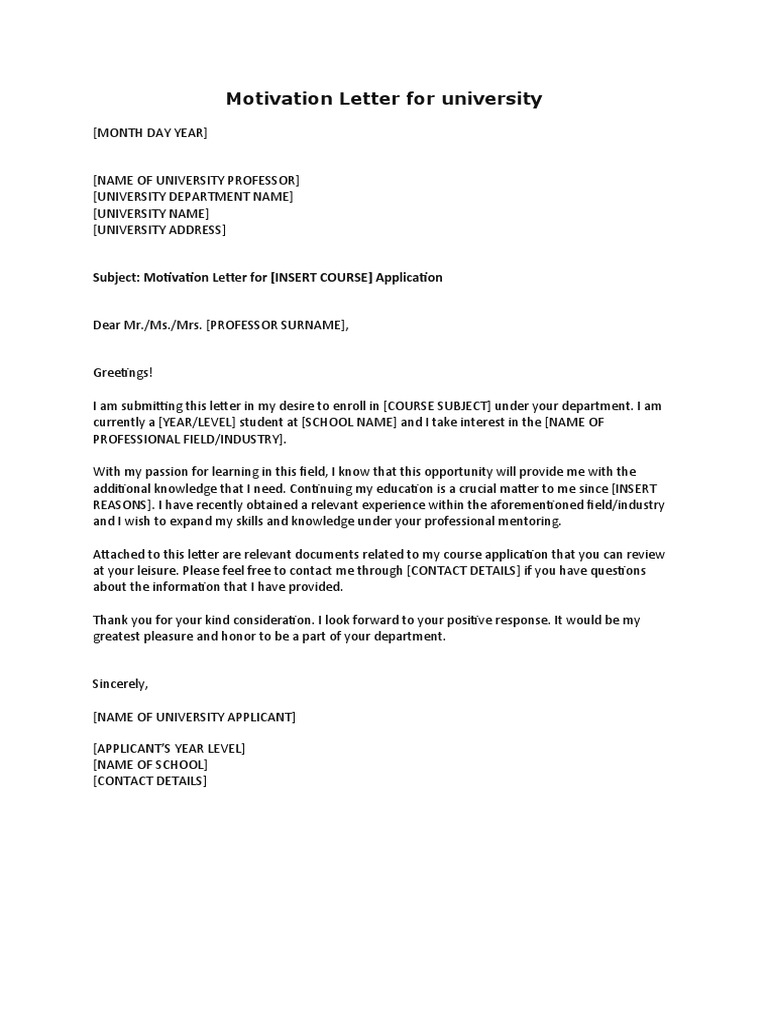 Subject: Motivation Letter For (INSERT COURSE) Application | PDF ...