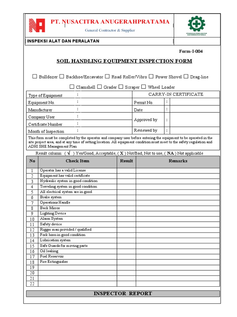 Equipment Inspection Checklist | PDF | Loader (Equipment) | Equipment