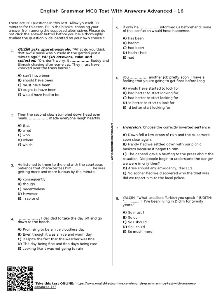 643 - English Grammar MCQ Test With Answers Advanced 16 | PDF ...