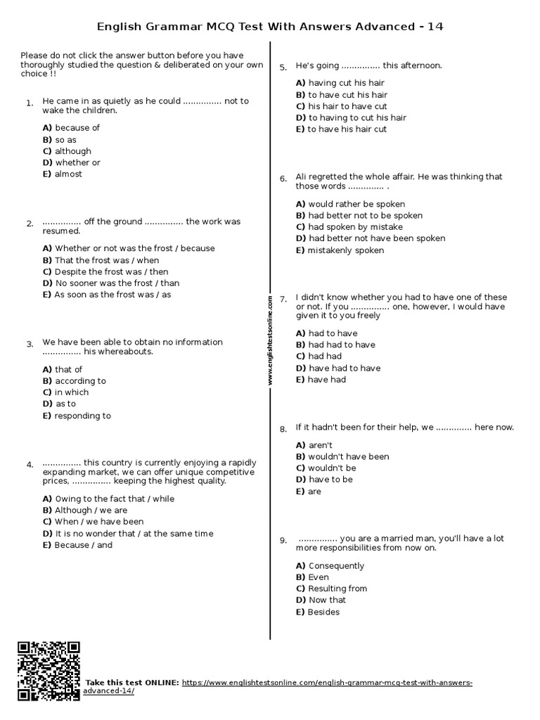 641 English Grammar MCQ Test With Answers Advanced 14 | PDF | Multiple ...