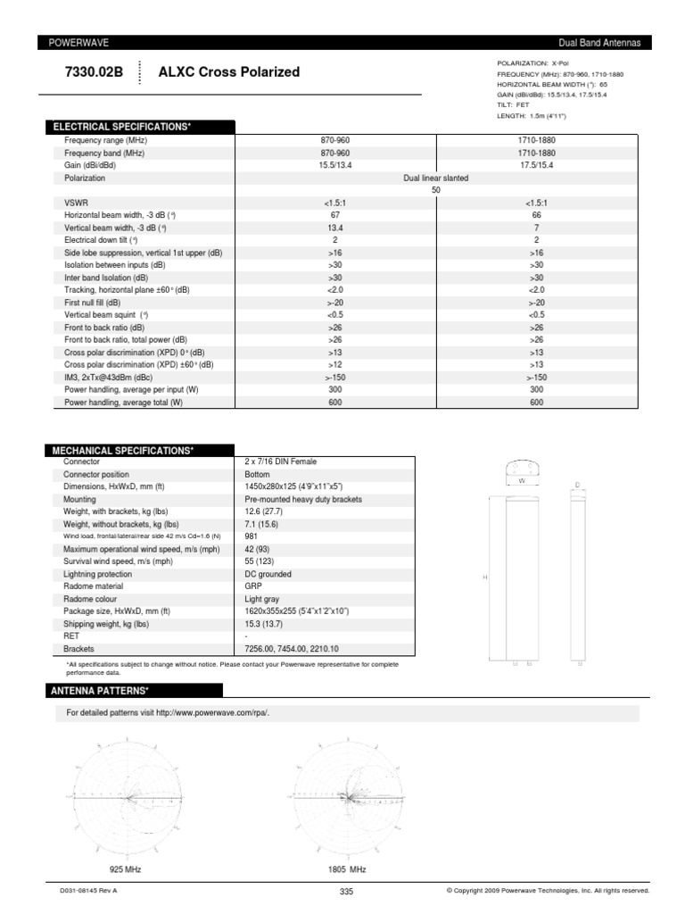 ALXC Cross Polarized 7330.02B: Electrical Specifications | PDF | Antenna (Radio ...