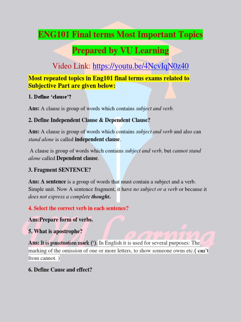 ENG101 Final Term Key Topics Guide | PDF | Sentence (Linguistics ...