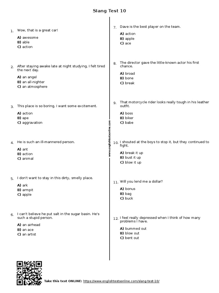 Slang Test 10: Multiple Choice Quiz | PDF