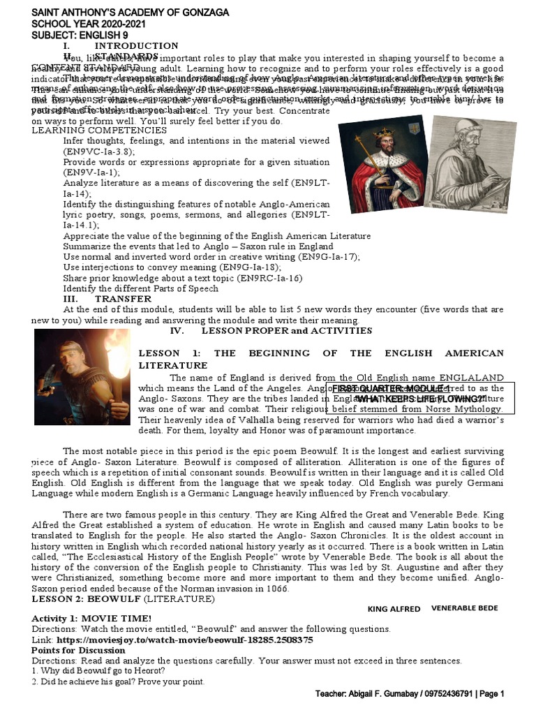 First Quarter English 9 | PDF | Beowulf | Noun