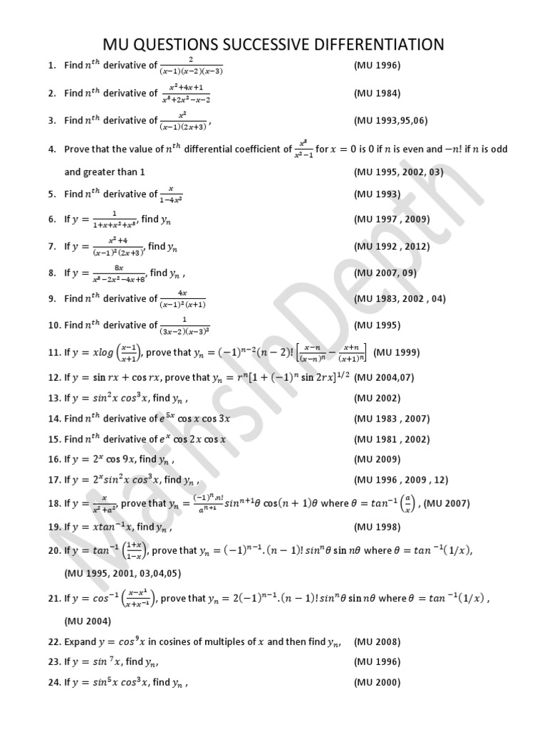 Mu Questions Successive Differentiation | PDF | Trigonometric Functions | Derivative