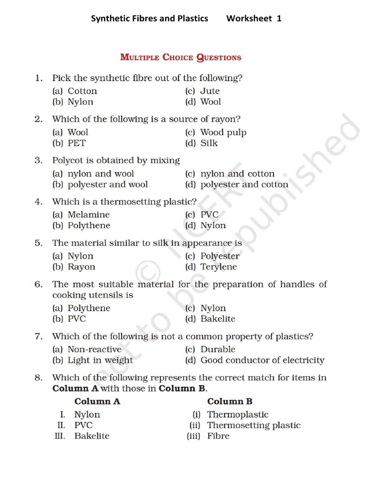 Synthetic Fibres and Plastics Worksheet 1 | PDF