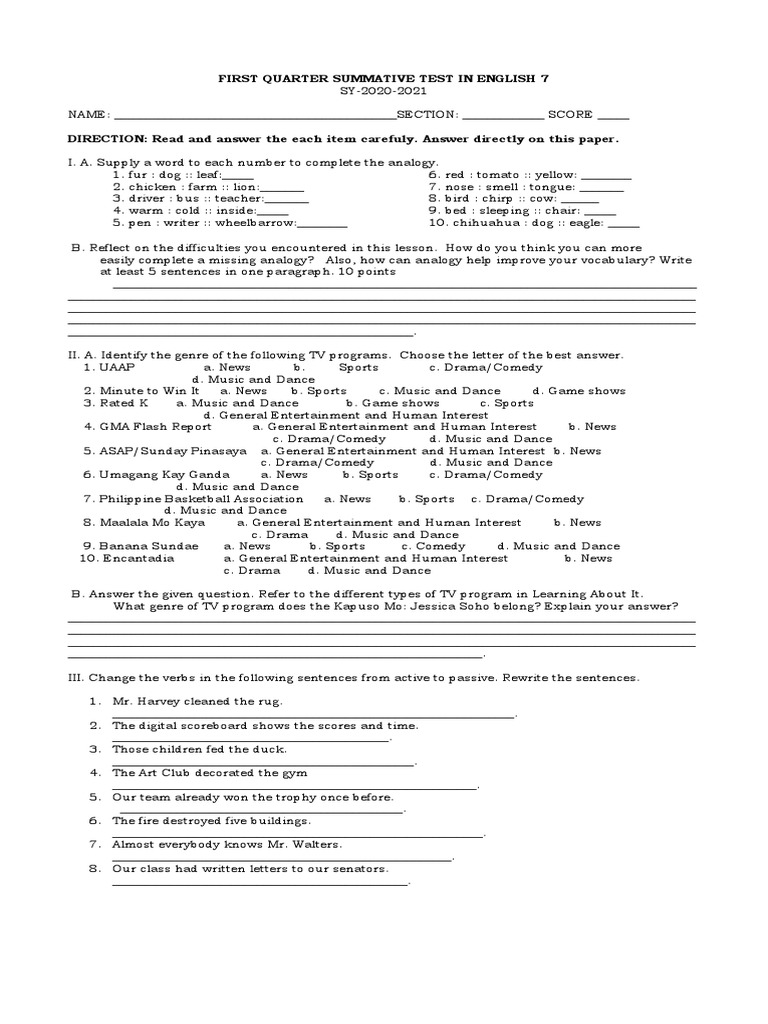 English 7 First Quarter Test Guide | PDF | Sentence (Linguistics ...