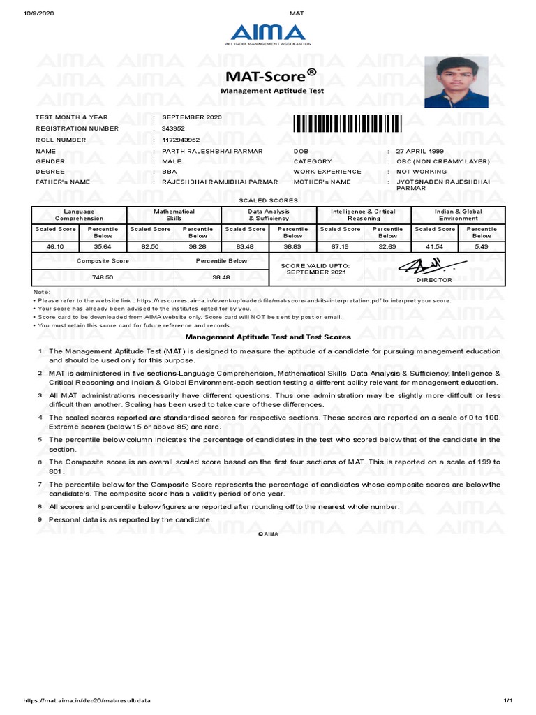 MAT-Score: Management Ap Tude Test | PDF | Percentile | Learning