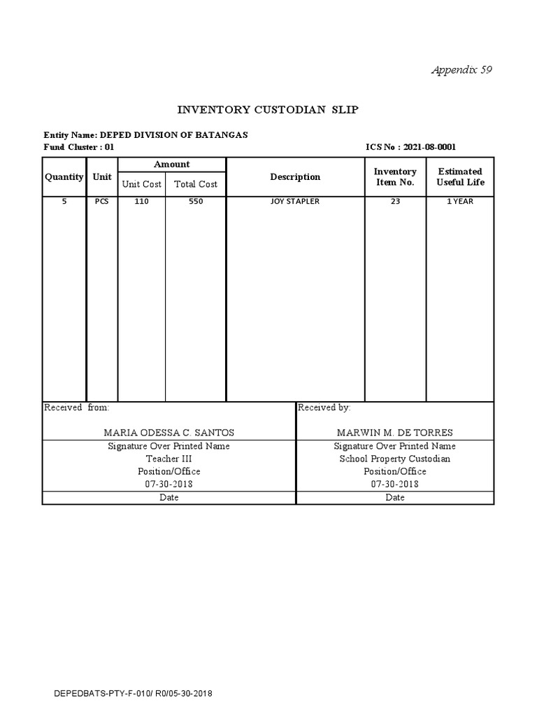 Inventory Custodian Slip: Quantity Unit Amount Description Inventory ...