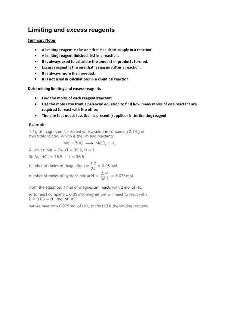 Limiting and Excess Reagents Summary Notes | PDF