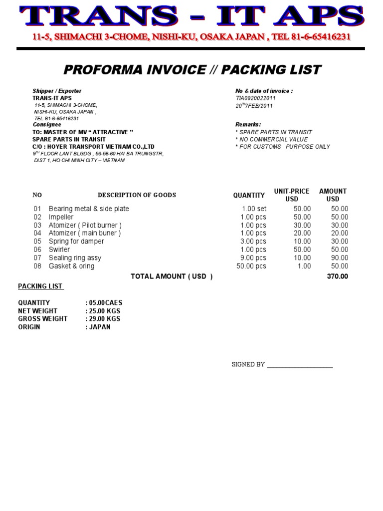 Proforma Invoice // Packing List: Shipper / Exporter No & Date of ...