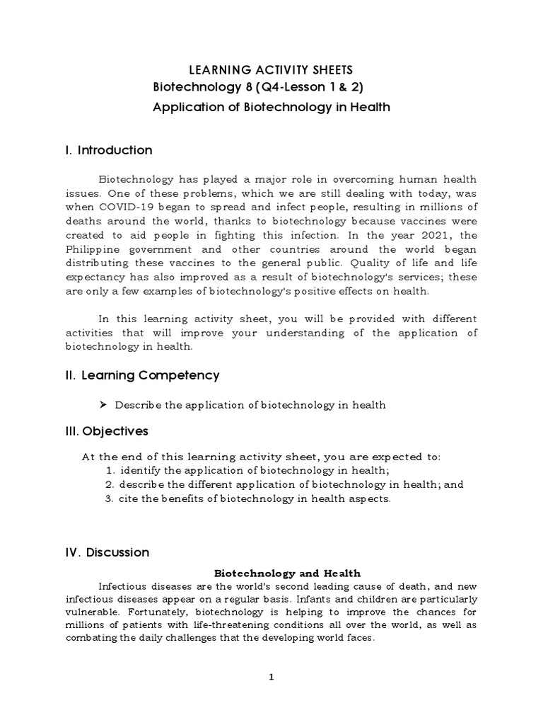 Learning Activity Sheets Biotechnology 8 (Q4-Lesson 1 & 2) Application ...
