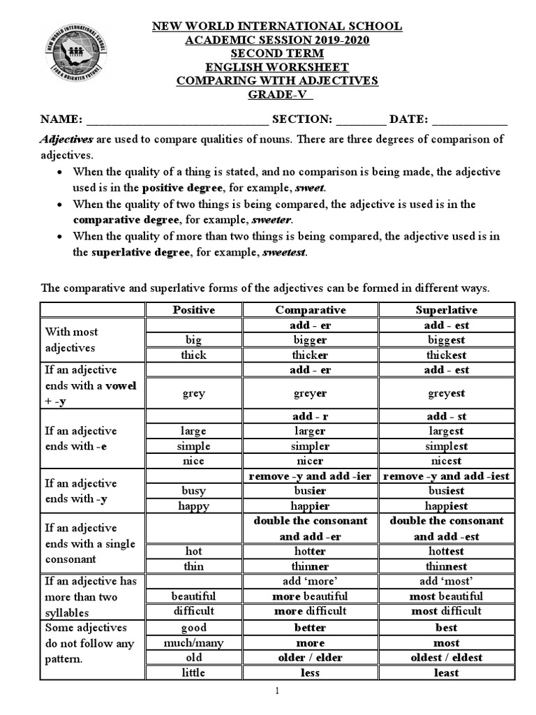Adjective Comparison Worksheet for Grade 5 | PDF | Adjective | Language ...