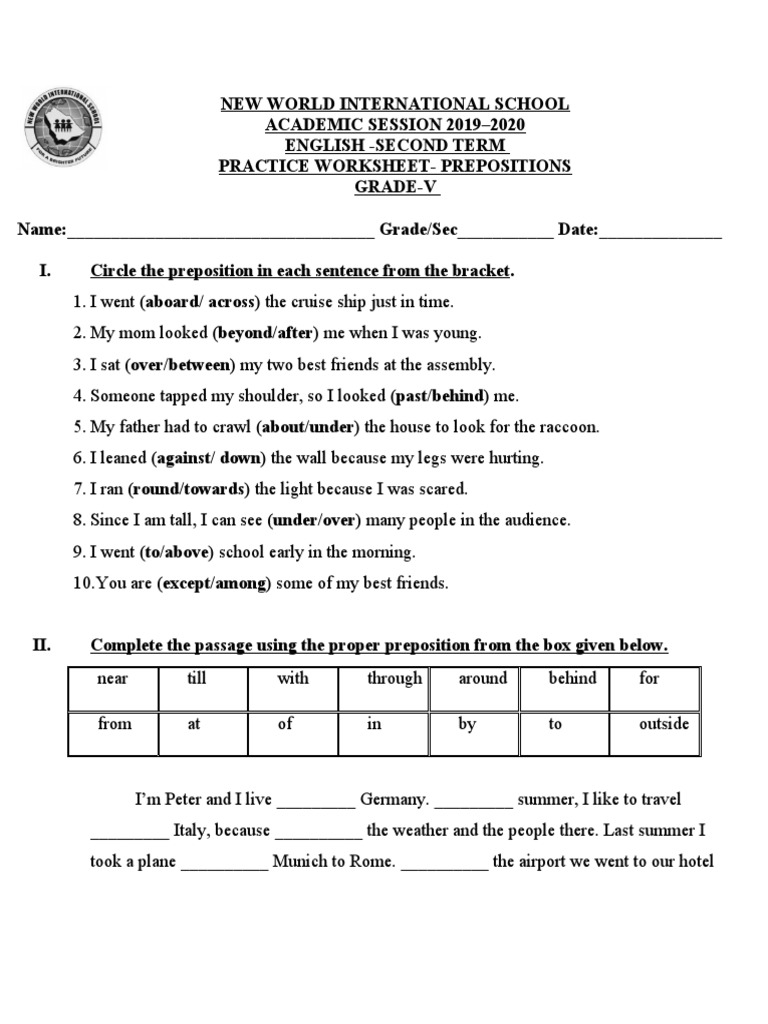 Grade 5 Prepositions Practice Worksheet | PDF | Language Arts & Discipline