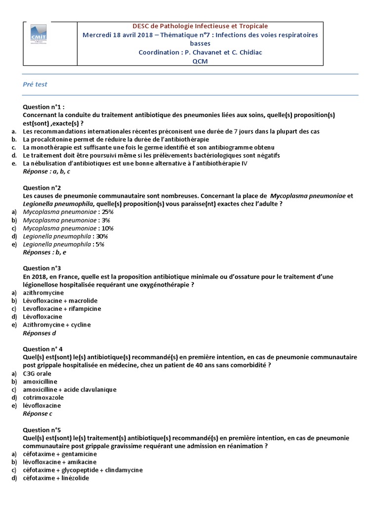 QCM Pre Test Corrige PC 002 | PDF | Pneumonie | Spécialités médicales