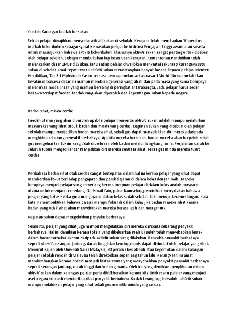 Contoh Karangan Faedah Bersukan | PDF
